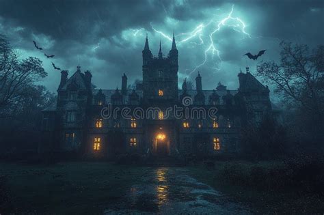Scary Gothic Castle On Halloween Night Haunted Palace Or Mansion For