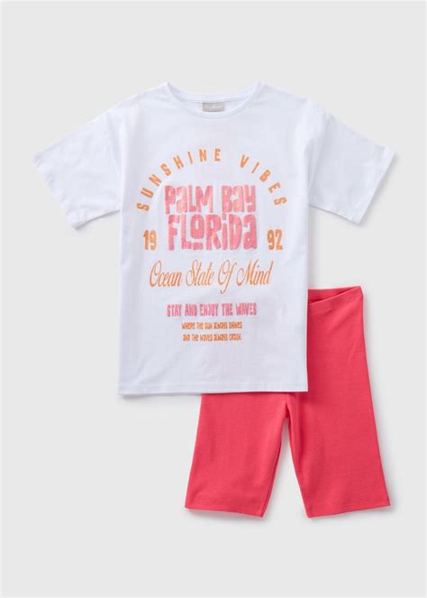 Girls White Palm Bay Florida T Shirt And Pink Cycling Shorts Set 7 13yrs Matalan