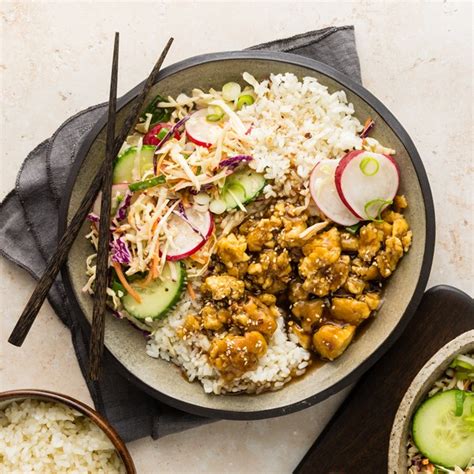 Saucy Teriyaki Tofu Ginger Rice With Creamy Roasted Sesame Slaw My