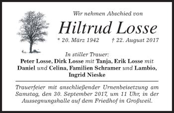 Traueranzeigen Von Hiltrud Losse Trauer Merkur De