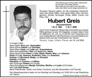 Traueranzeigen Von Hubert Greis Trauer Bz