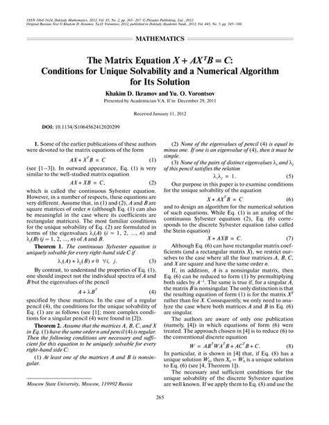 pdf the matrix equation x ax t b c conditions for unique solvability and a numerical