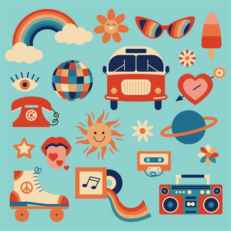 Retro 70s Hippie Stickers Psychedelic Groovy Elements Cartoon Funky