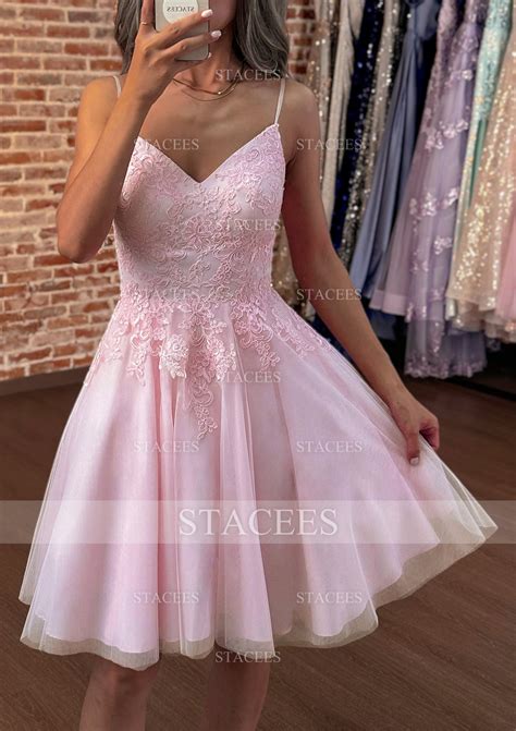 A Line V Neck Tulle Short Prom Dress With Appliqued Short Prom