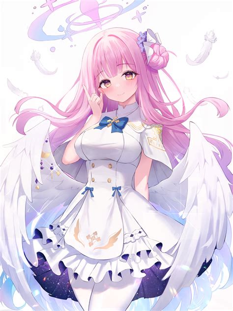 Wallpaper Pink Hair Long Hair Yellow Eyes Wings Halo Feathers Anime Girls White Dress