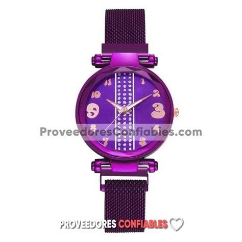 Reloj Franja De Brillos Morado Extensible Metal Mesh Iman Diamante R3673