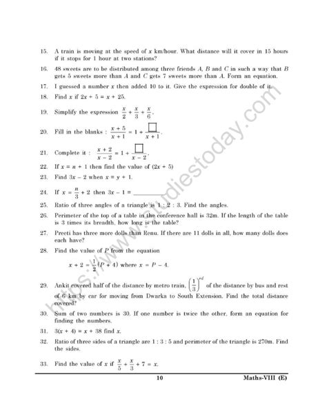 Cbse Class Mental Linear Equations In One Variable Worksheet