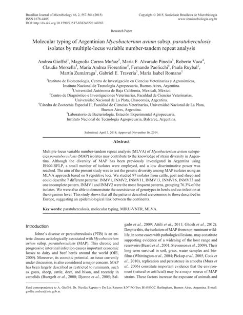 pdf molecular typing of argentinian mycobacterium avium subsp paratuberculosis isolates by