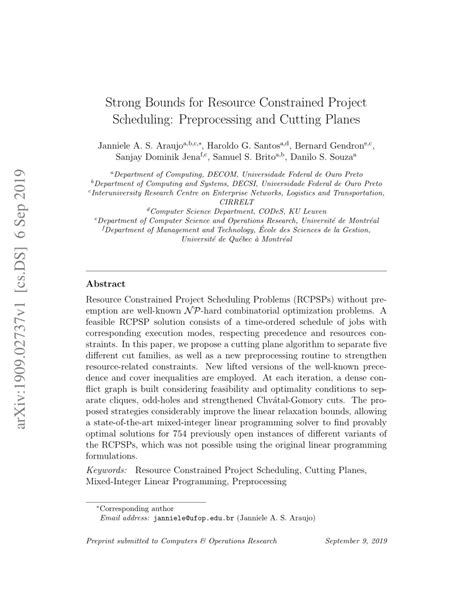 pdf strong bounds for resource constrained project scheduling preprocessing and cutting planes