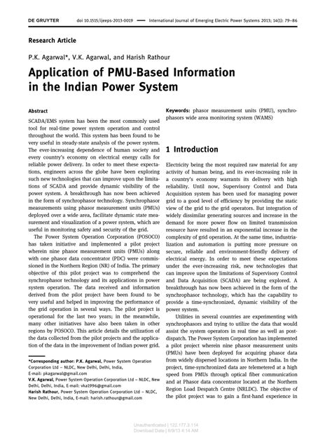 pdf application of pmu based information in the indian power system