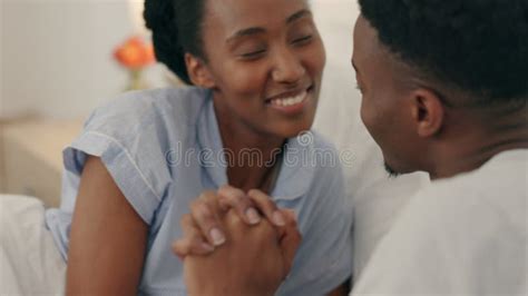 Love Kissing And Smile Bedroom Black Couple Relaxing Romance And Bonding In Bedroom Together