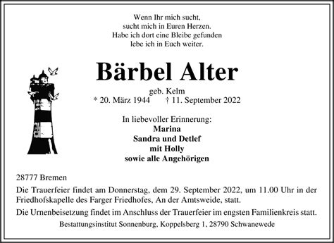 Traueranzeigen von Bärbel Alter Trauer Gedenken