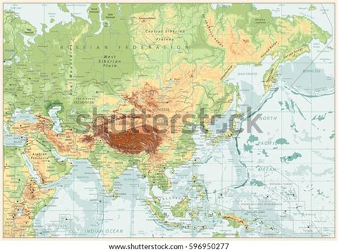 Asia Physical Map Rivers Lakes Elevations Stock Vector Royalty Free