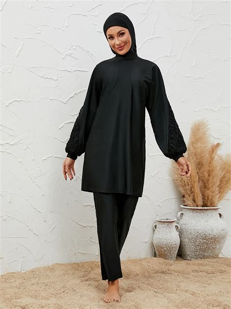 Abaya Ensemble 3 Pi Ces Pour Femmes Musulmanes Burkini Noir Maillot De
