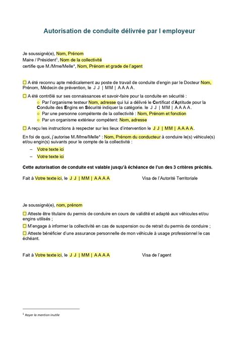 Modèle autorisation de conduite délivrée par employeur ONLYOFFICE