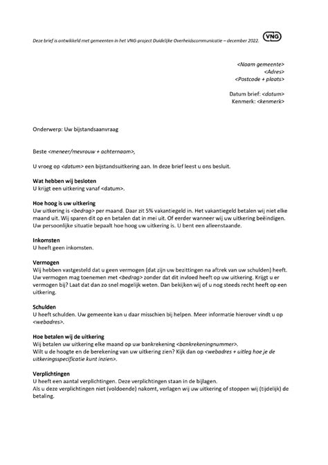 Brief Toekenning Bijstandsuitkering Participatiewet Variant 2