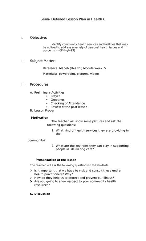 Health 6DLP Lesson Plan Semi Detailed Lesson Plan In Health 6 I
