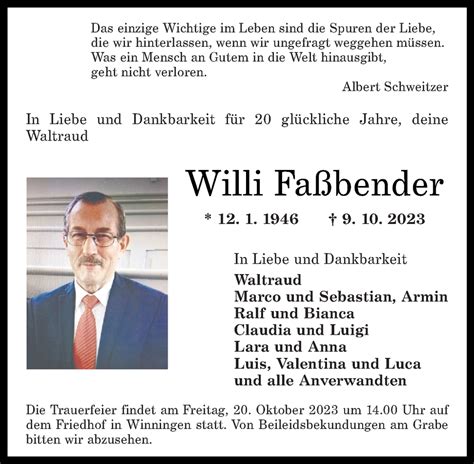 Traueranzeigen von Willi Faßbender rz trauer de