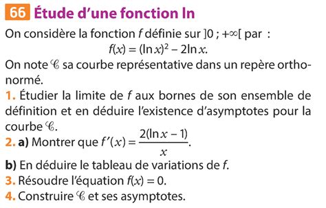 Fonction logarithme népérien Exercice bilan n66 Étude dune