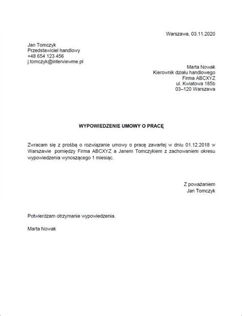 Wypowiedzenie Umowy O Prac Z Okresem Wypowiedzenia Wz R