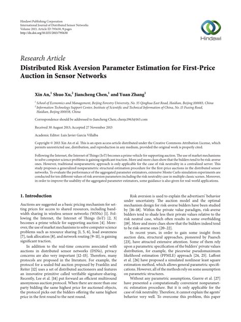 pdf distributed risk aversion parameter estimation for first price auction in sensor networks