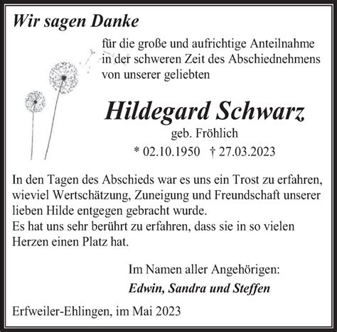 Traueranzeigen Von Hildegard Schwarz Saarbruecker Zeitung Trauer De