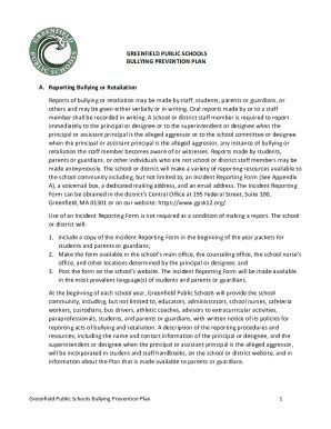 Fillable Online Anti Bullying Policy For The Greenfield Center School