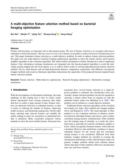 a multi objective feature selection method based on bacterial foraging optimization request pdf