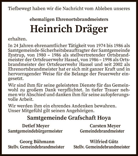 Traueranzeigen von Heinrich Dräger trauer kreiszeitung de