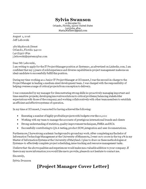 It Project Manager Application Letter Template Templates At