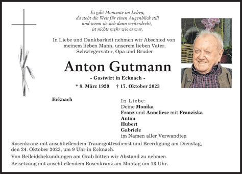 Traueranzeigen Von Anton Gutmann Augsburger Allgemeine Zeitung