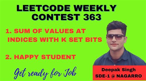 sum of values at indices with k set bits leetcode weekly contest 363 by deepak kumar youtube