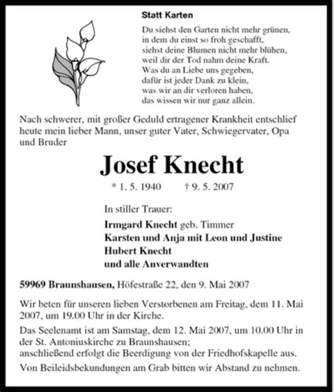 Traueranzeigen Von Josef Knecht Trauer In NRW De