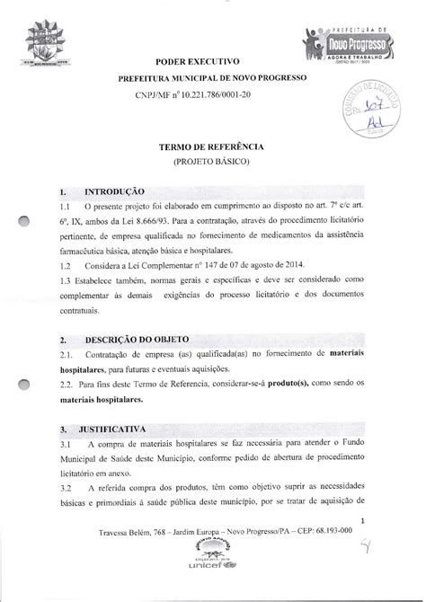TERMO DE REFERENCIA Prefeitura Municipal de Novo Progresso Gestão
