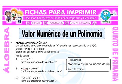 Valor Numerico De Un Polinomio Para Quinto De Primaria Fichas Para