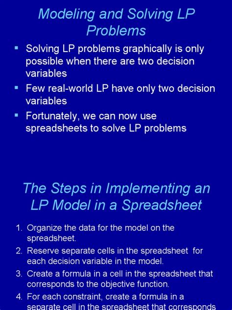 a step by step guide to implementing linear programming models in spreadsheets and solving real
