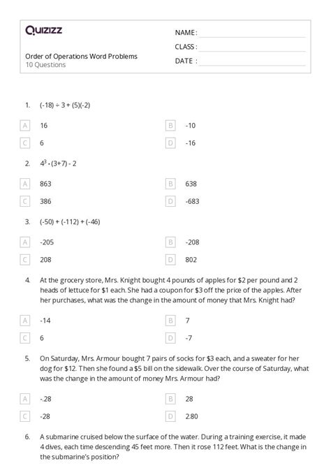 Mixed Operation Word Problems Worksheets For Th Grade On Quizizz