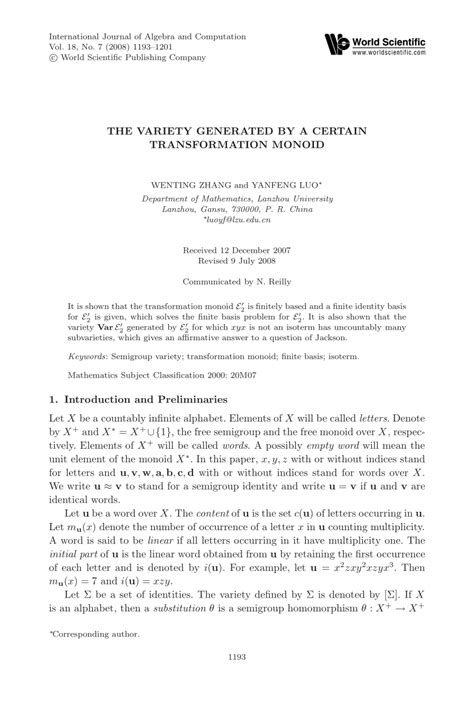 pdf the variety generated by a certain transformation monoid