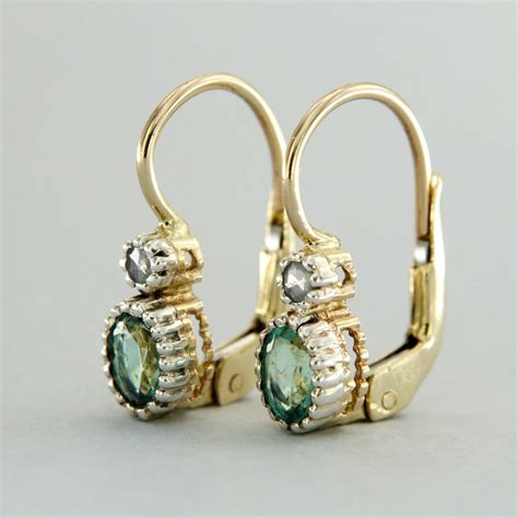 14k Yellow GOLD Natural EMERALD And DIAMOND Dangle Leverback Italian