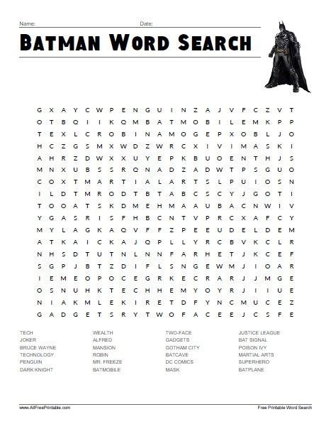 Batman Word Search Free Printable