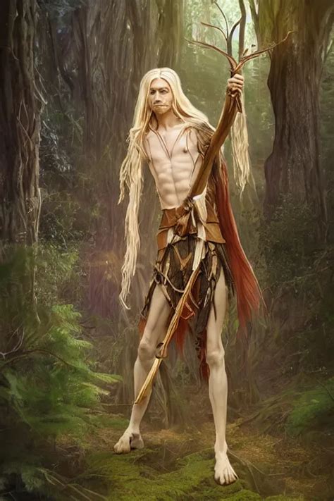A Tall Slim Male Wood Elf Druid Posing With A Bow In A Stable Diffusion