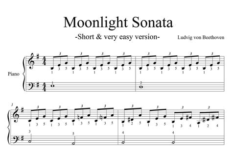 Moonlight Sonata Beethoven Short And Very Easy Piano Sheets Digital Download With Finger Numbers
