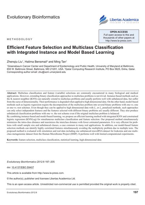 pdf efficient feature selection and multiclass classification with integrated instance and