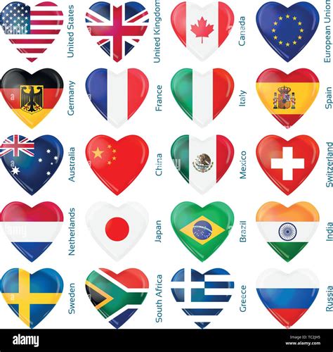 Corazón banderas populares Ilustración vectorial 3 capas Sombras