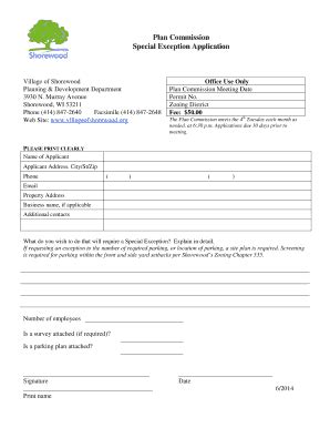 Fillable Online Villageofshorewood Plan Commission Special Exception