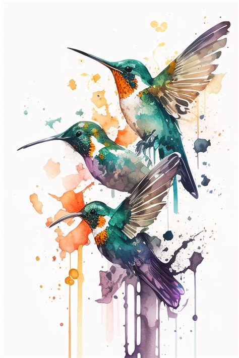 Illustration artistiques Colibríes Aves Vida Flores Vuelo Lindo