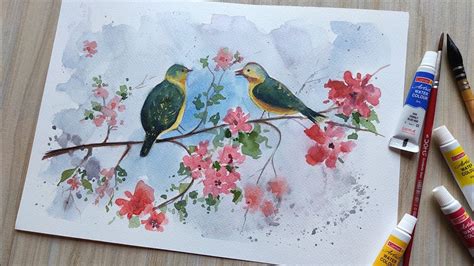 Easy Bird Painting Watercolor Beautiful Bird And Flower Painting
