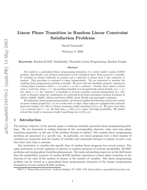 pdf linear phase transition in random linear constraint satisfaction problem