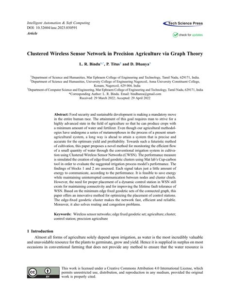 pdf clustered wireless sensor network in precision agriculture via graph theory
