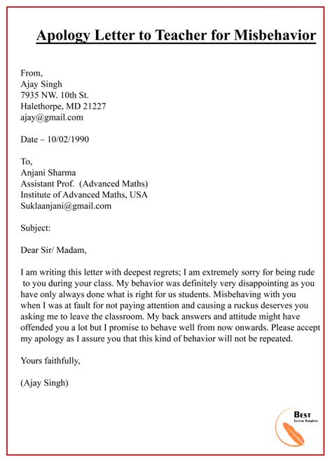 Apology Letter To Teacher Best Letter Template